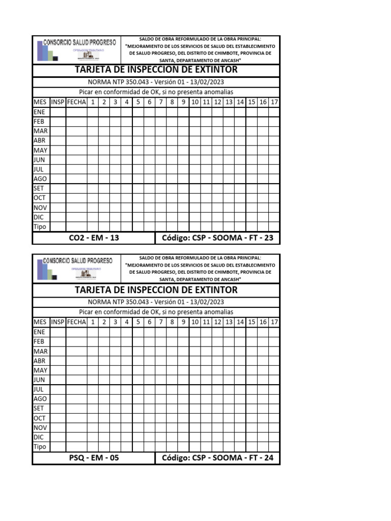CSP-SSOMA-FT-23 Tarjeta de Inspeccion de Extintores | PDF | Armas de fuego