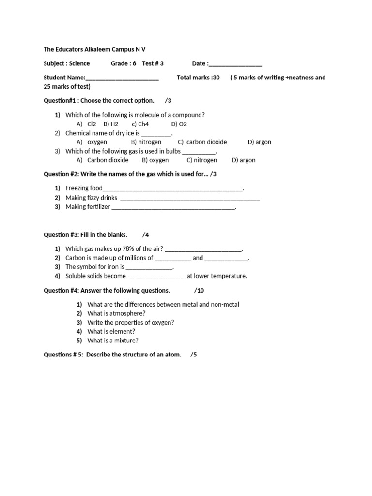 Science Test 3 Grade 6 | PDF