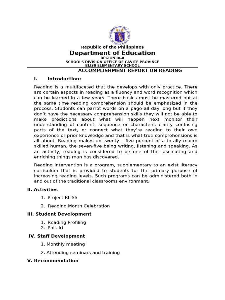 Accomplishment Report in Reading | PDF