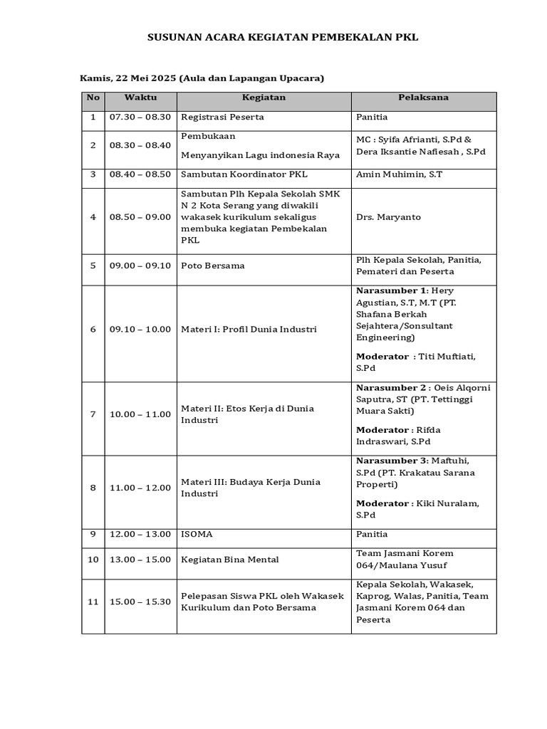 Susunan Acara Kegiatan Pembekalan Pkl | PDF