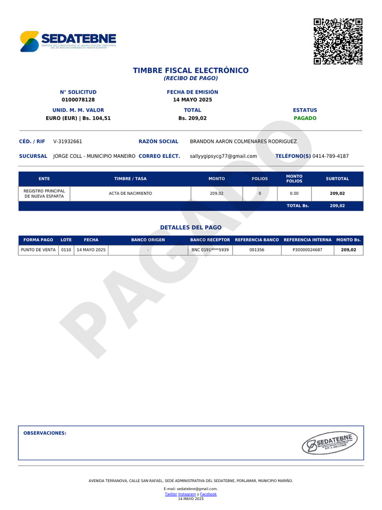Timbre Fiscal Electrónico - 0100078128 | PDF