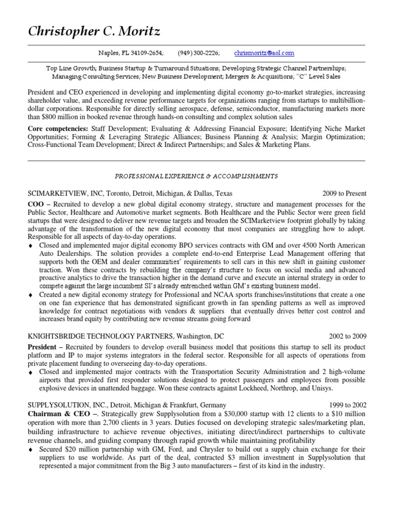 Chief Executive Officer CEO COO in North America Resume Christopher ...