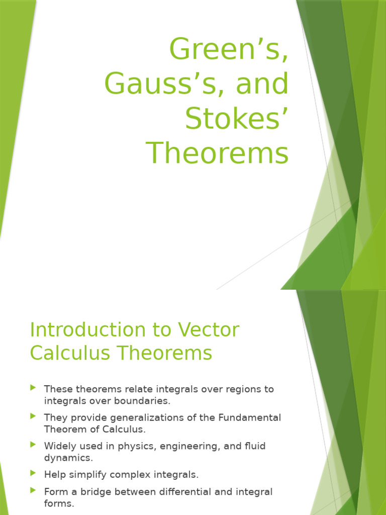 Green Gauss Stokes Theorems Presentation Print | PDF | Integral | Flux