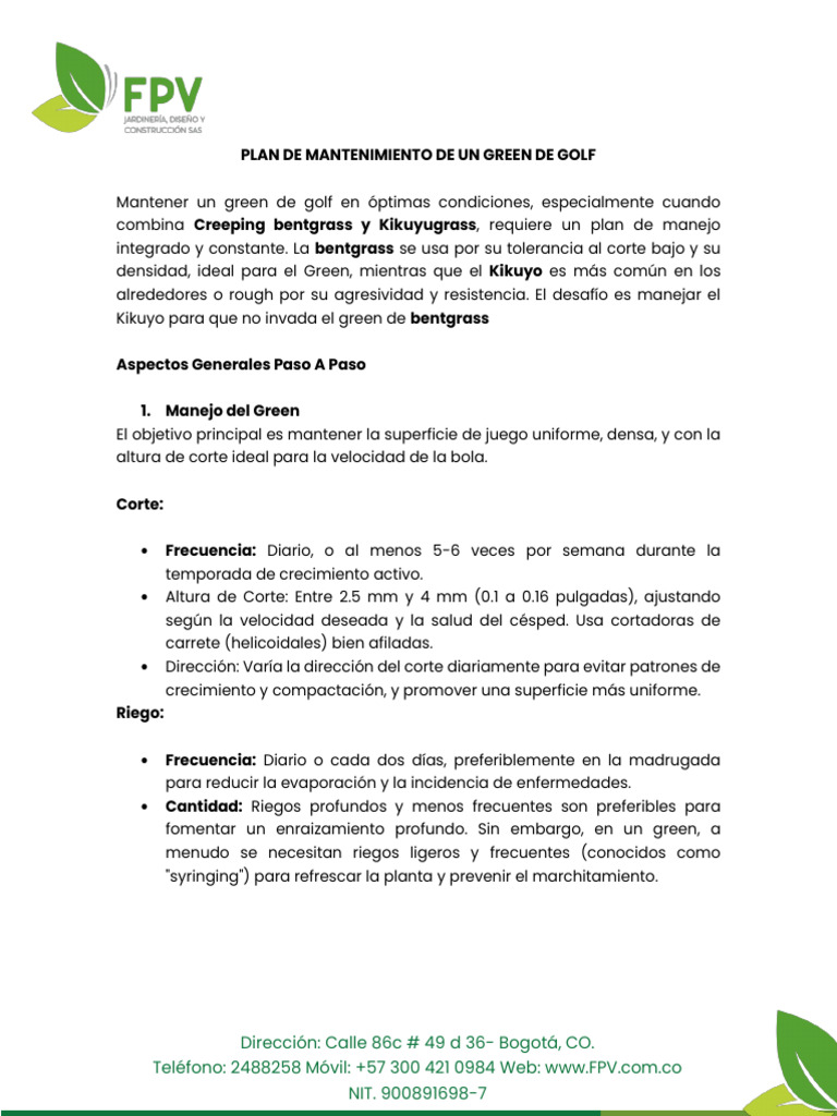 Plan de Mantenimiento para Green de Golf | PDF | Fertilizante | Suelo