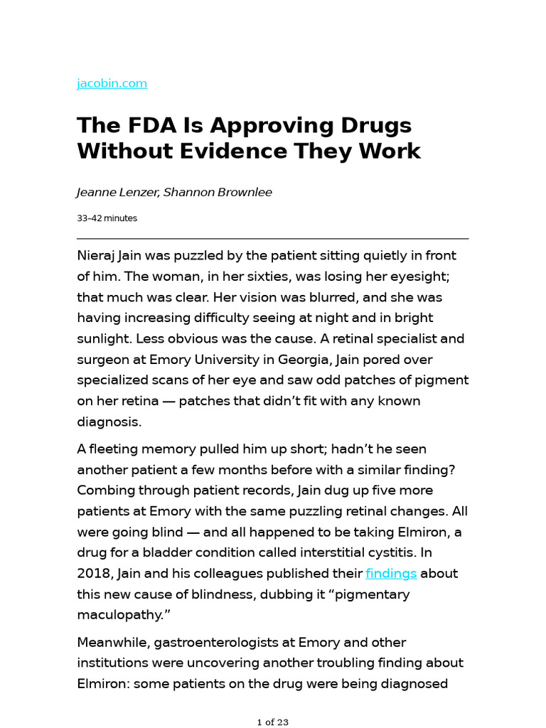 The FDA Is Approving Drugs Without Evidence They Work | PDF | Food And ...