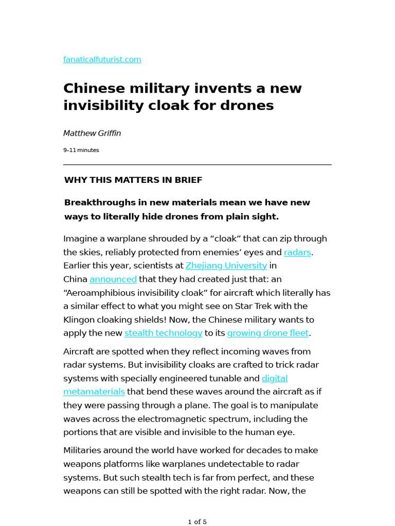 Chinese Military Invents A New Invisibility Cloak For Drones - Matthew ...
