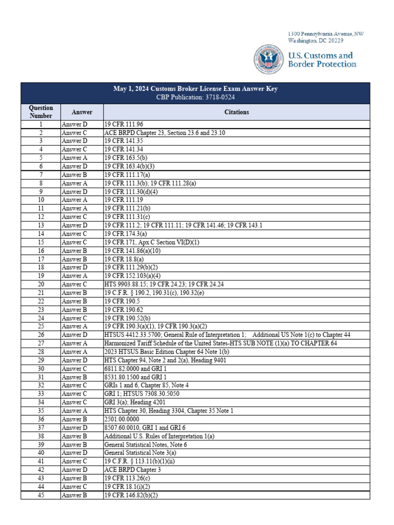 Customs Broker Exam Answer Key | PDF | Code Of Federal Regulations ...