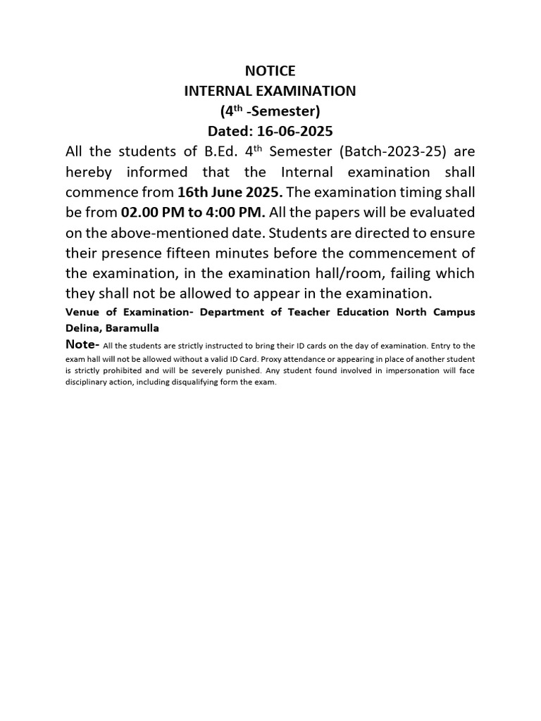 Notice Internal Examinarion 4th Semester of B.ed Distance 2025 | PDF