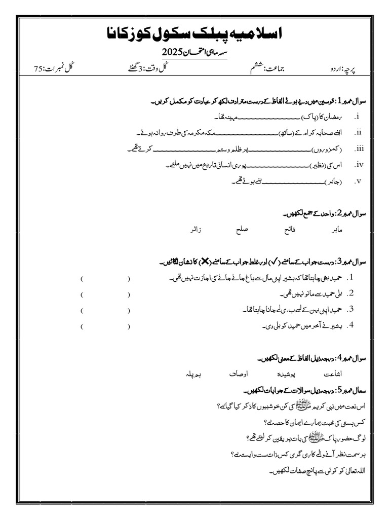 Paper Urdu Class 6th | PDF