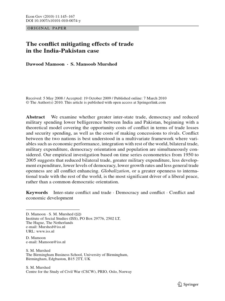 Conflict Mitigating Effects of India Pakistan Trade | PDF | Peace ...