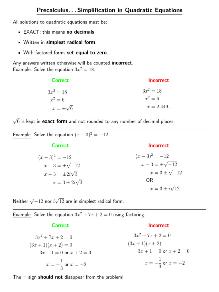 Simplification in Quadratic Equations | PDF | Square Root | Quadratic ...