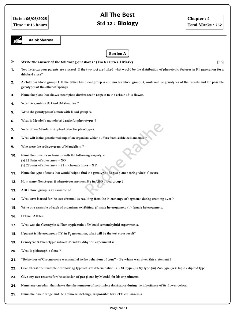 Theory Questions STD 12th Biology Chapter 4 | PDF | Dominance (Genetics) | Zygosity
