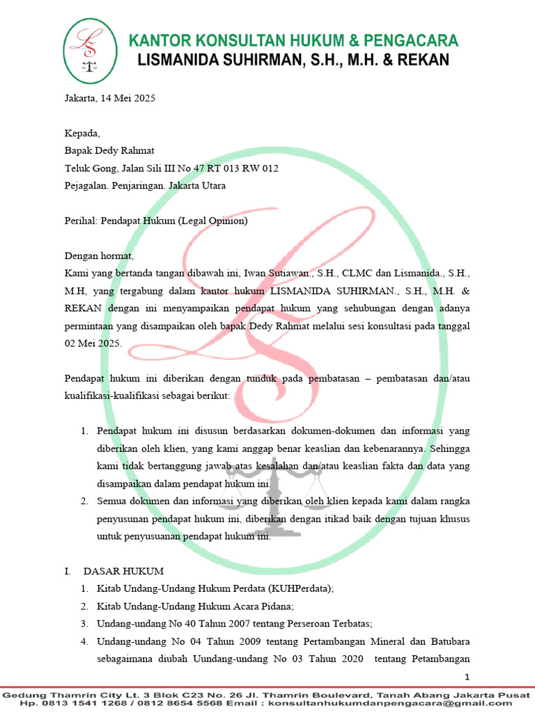 01-Legal Opini - 374 PT Malenggang Mineral Utama | PDF