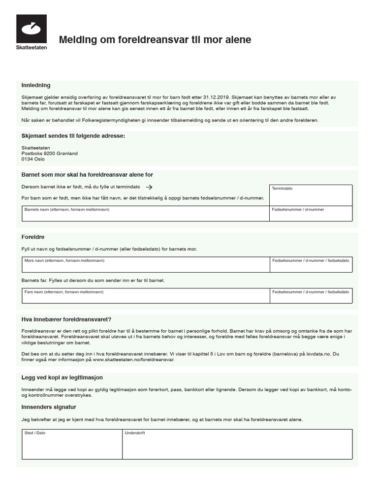 Skjema Foreldreansvar Mor Alene B | PDF