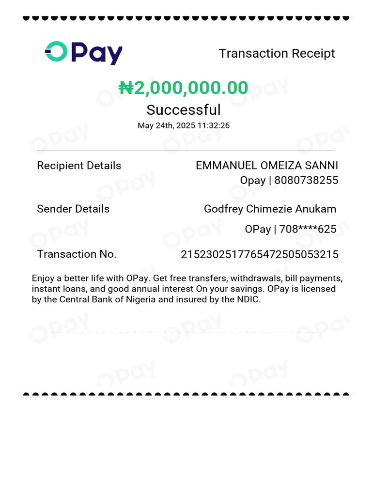 OPay Transaction Receipt - ₦2,000,000 Successful | PDF