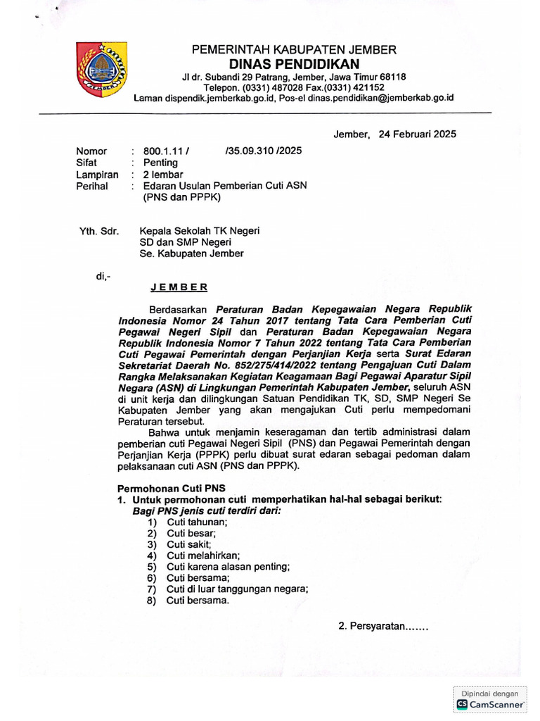 Surat Edaran Usulan Pemberian Cuti ASN | PDF