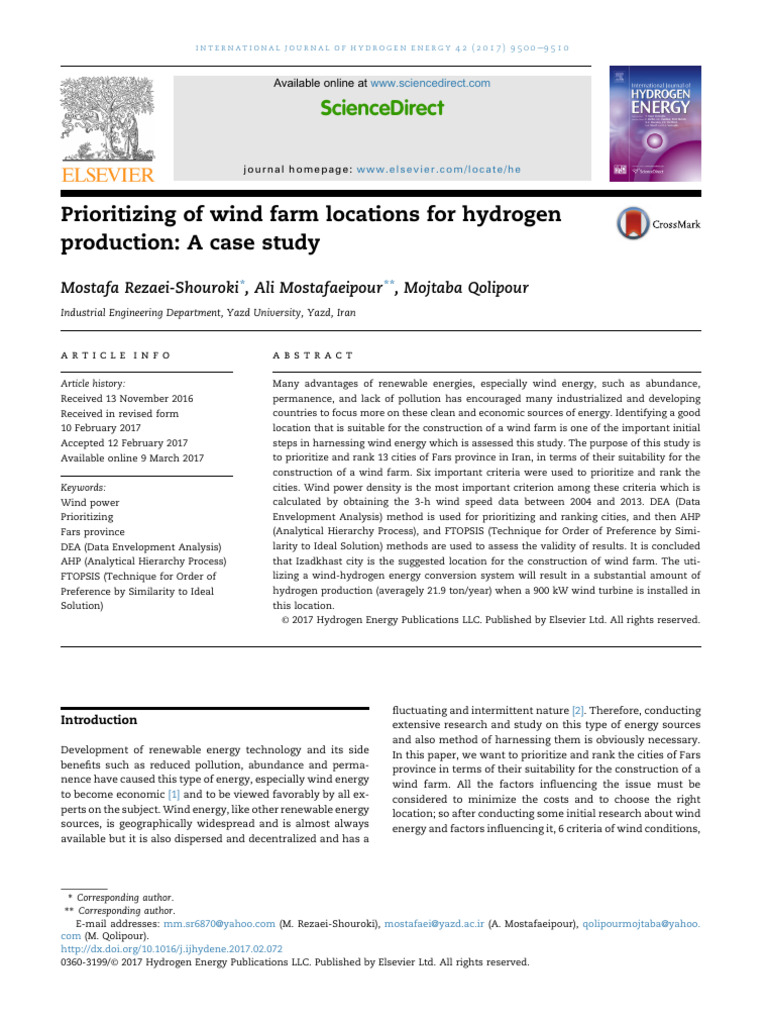 (Conteúdo) Prioritizing of Wind Farm Locations For Hydrogen Production ...