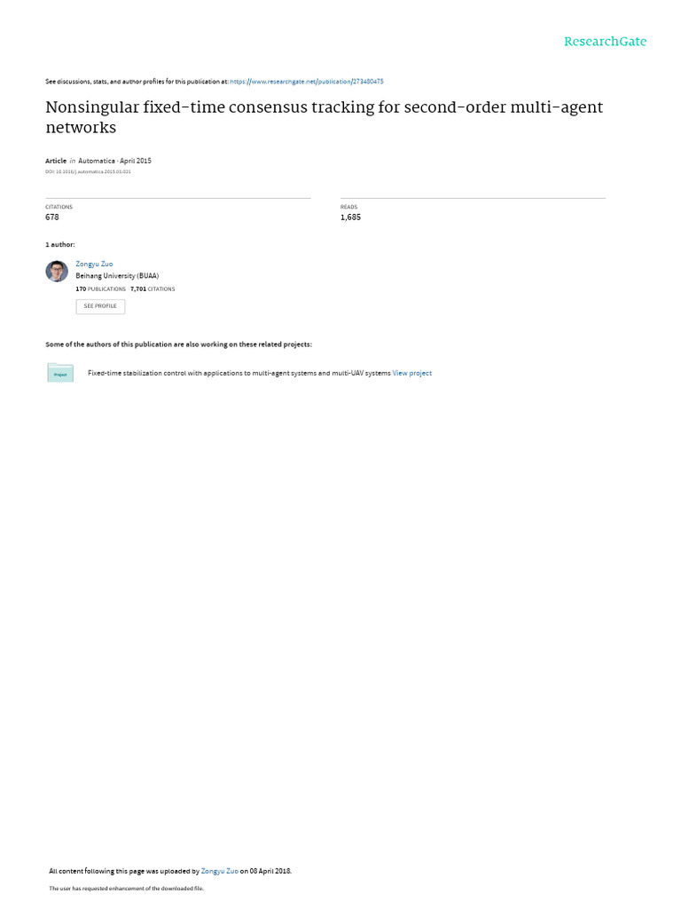 Nonsingular Fixed Time Consensus Tracking For Second Order Multi Agent Networks | PDF | Vertex ...
