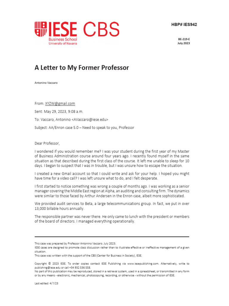 Session 01 Case A Letter To My Professor | PDF