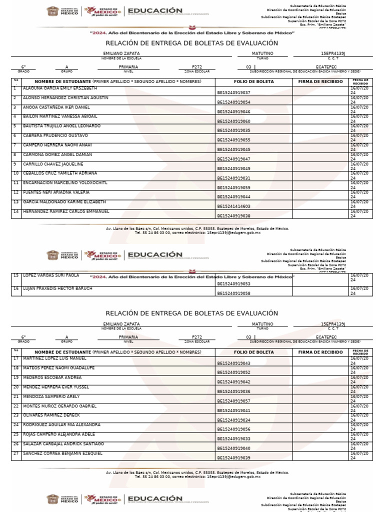 6°A Formatos Entrega de Boletas 2024 | PDF