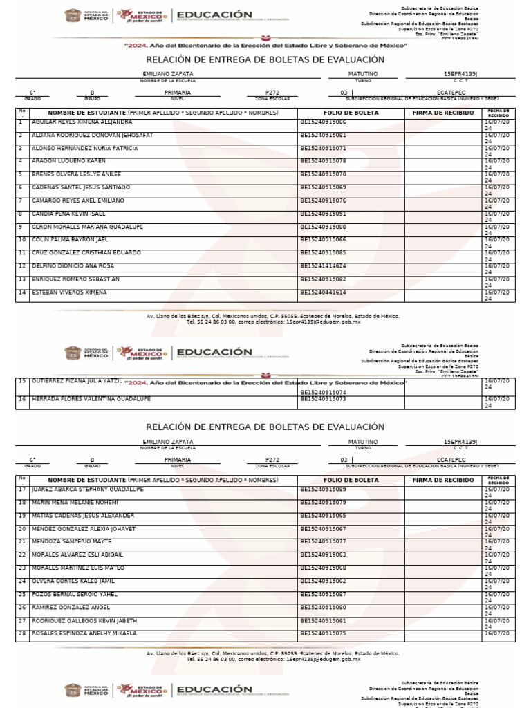 6°B zapataFormatos en Word Entrega de Boletas y Certificados 2024 | PDF | Educación primaria