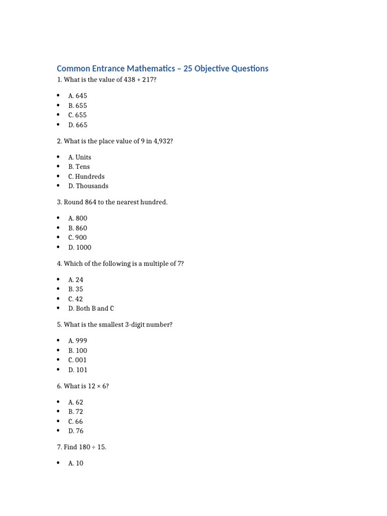 Common Entrance Math Objective Questions | PDF