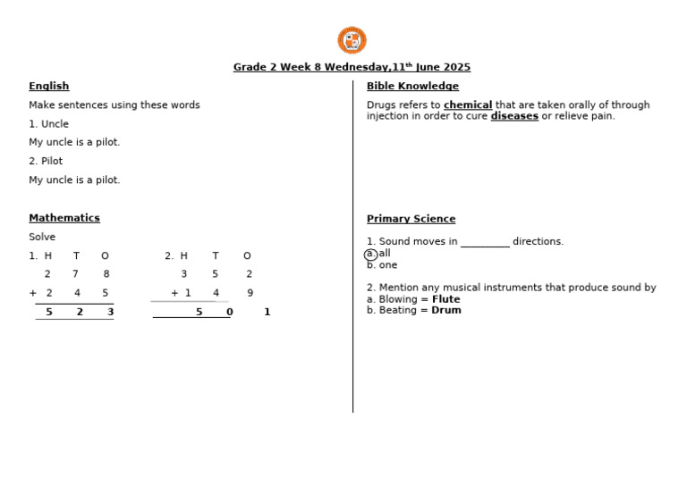Grade 2 Week 8 Wednesday 110625 | PDF