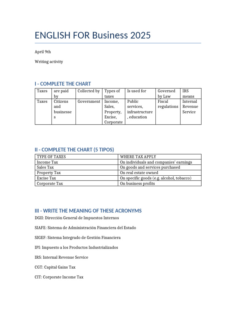 English Taxes Worksheet-1 | PDF