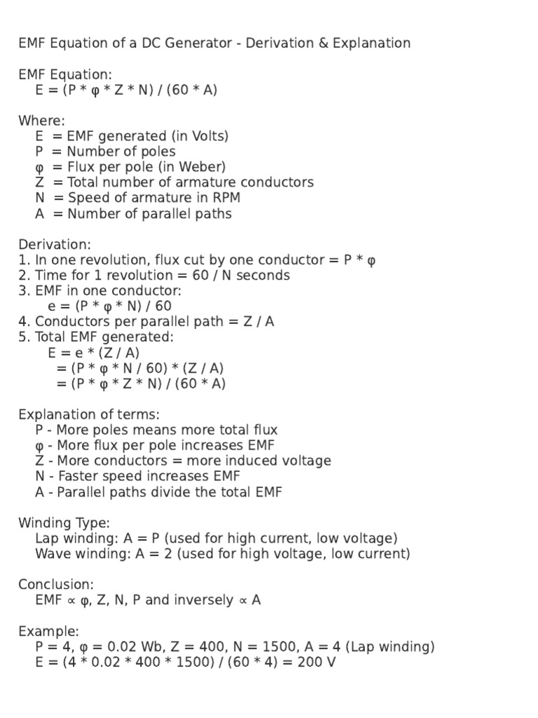 DC Generator EMF Equation Handwritten Style | PDF