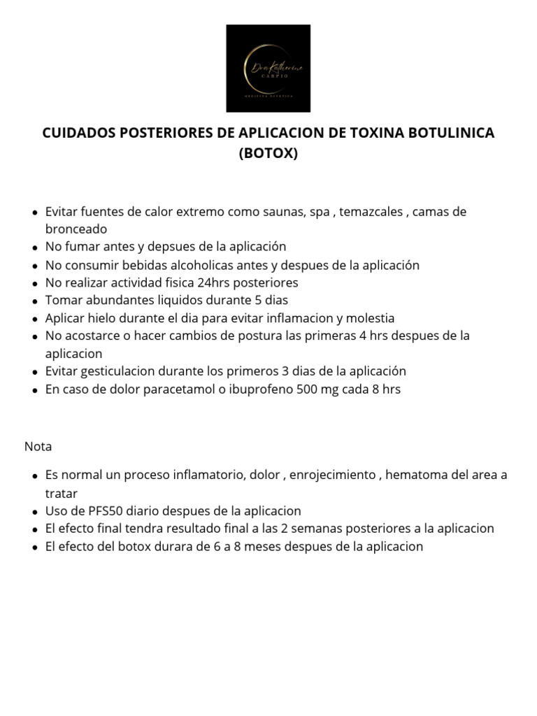 Cuidados Posteriores de Aplicacion de Toxina Botulinica (Botox) PDF | PDF