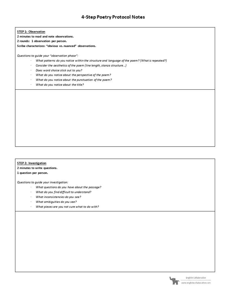 4 Step Poetry Protocol - Note-Taking Page | PDF