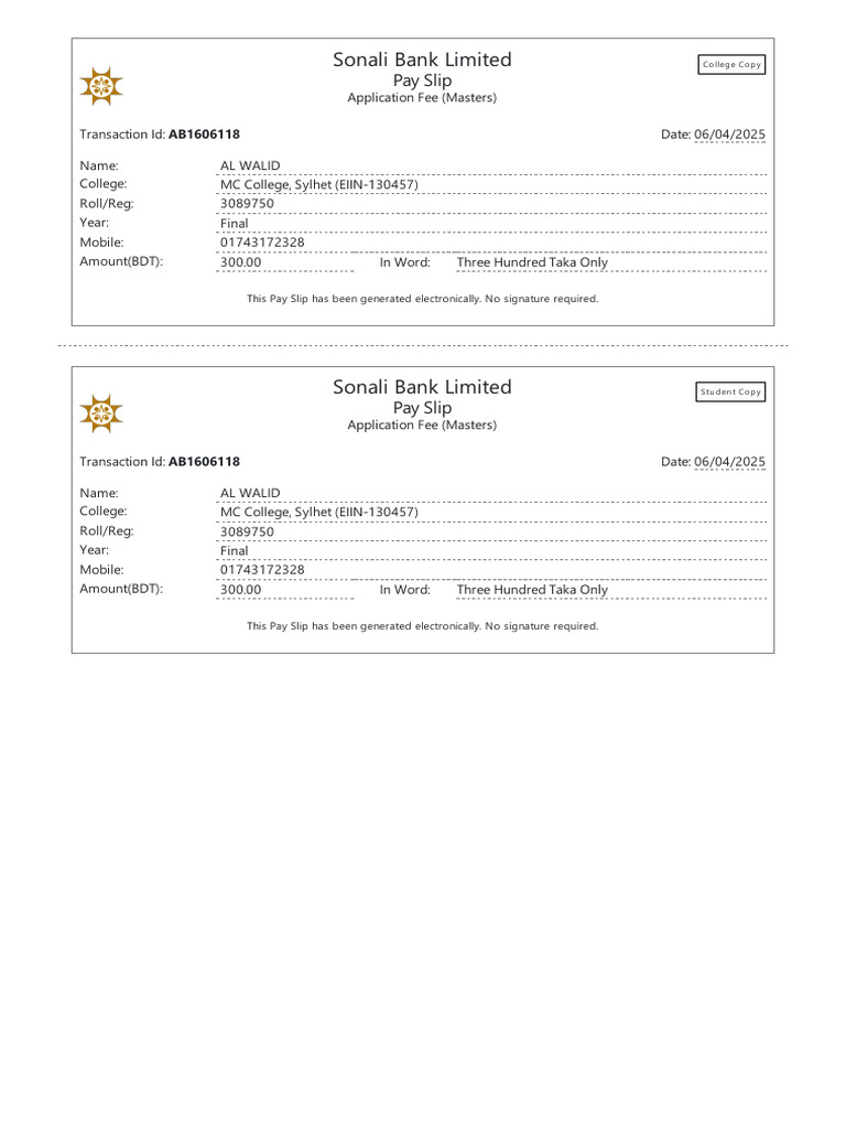 Sonali Pay Slip | PDF
