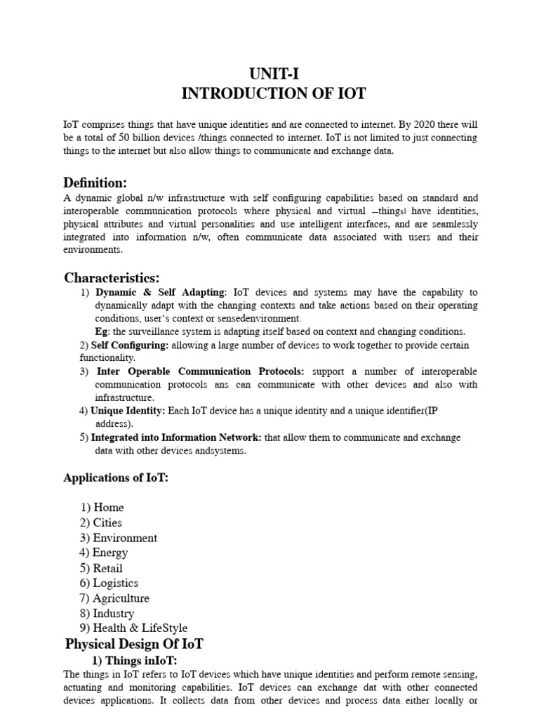 Unit-I Introduction of Iot: Definition | PDF | Transmission Control Protocol | Internet Of Things