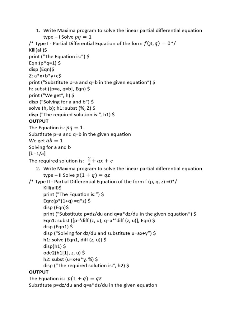 Maxima Program To Solve The Linear Partial Differential Equation | PDF | Equations | Calculus