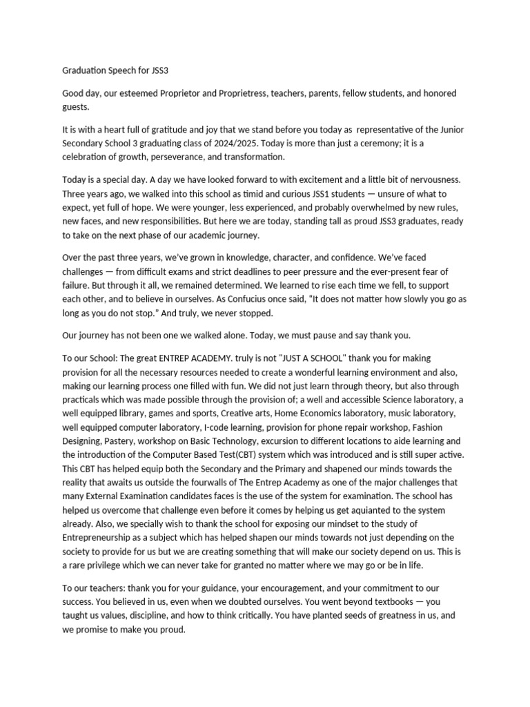 JSS3 Graduation Speech 2024/2025 | PDF | Schools