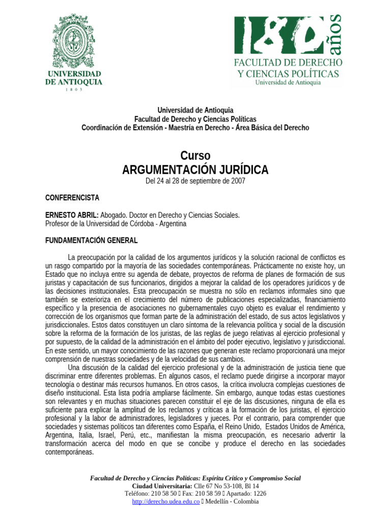 Curso - Argumentación Jurídica - UdeA - Del 24 Al 28 de Septiembre de 2007 | PDF | Juez ...