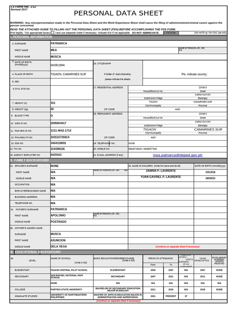 Personal Data Sheet - CS Form 212 | PDF | Government