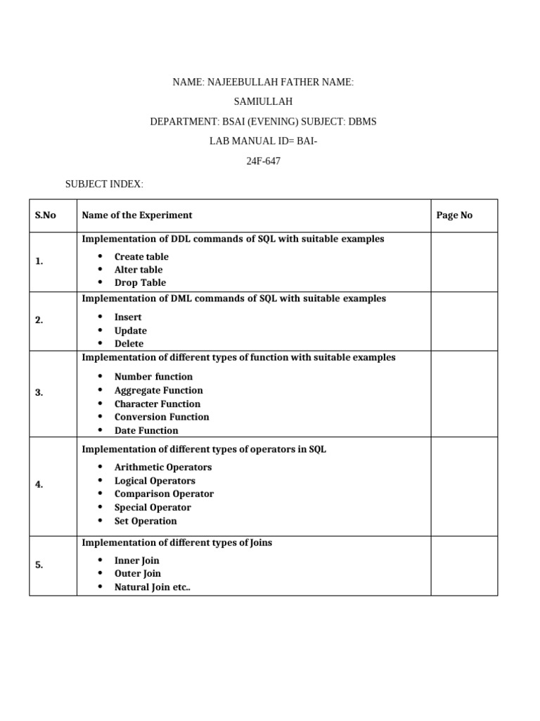 Final Student Style Lab Manual | PDF | Sql | Databases