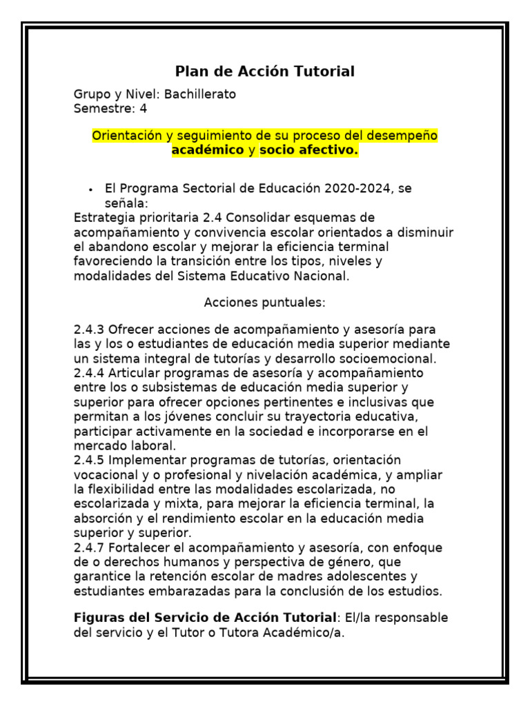 Plan de Acción Tutorial | PDF | Maestros | Cognición