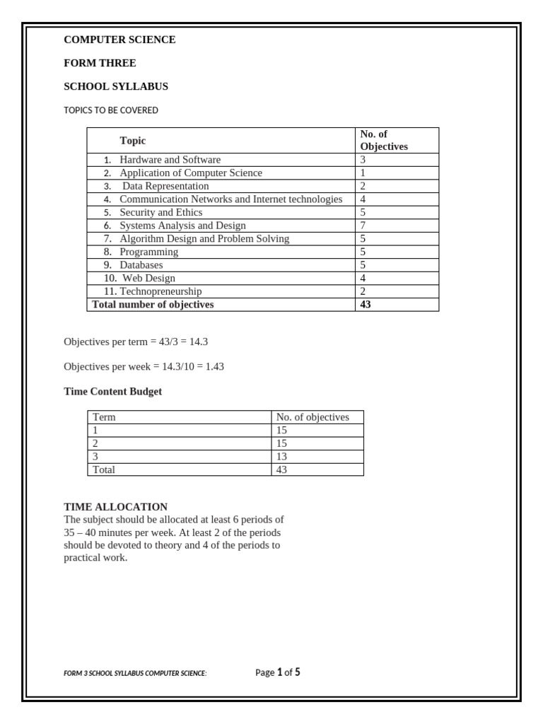 Form 3 School Based Computer Science Syllabus | PDF | Databases | Computer Programming