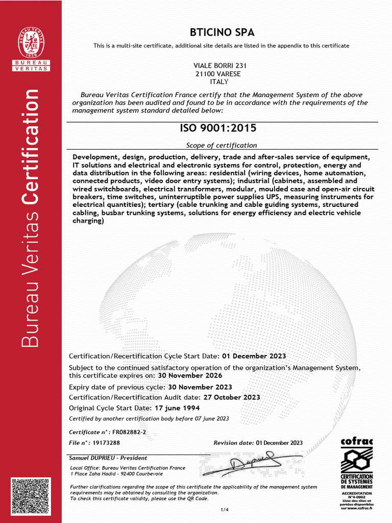 Certificate Ang - 19173288 - Bticino Spa Iso 9001 | PDF | Power Supply ...