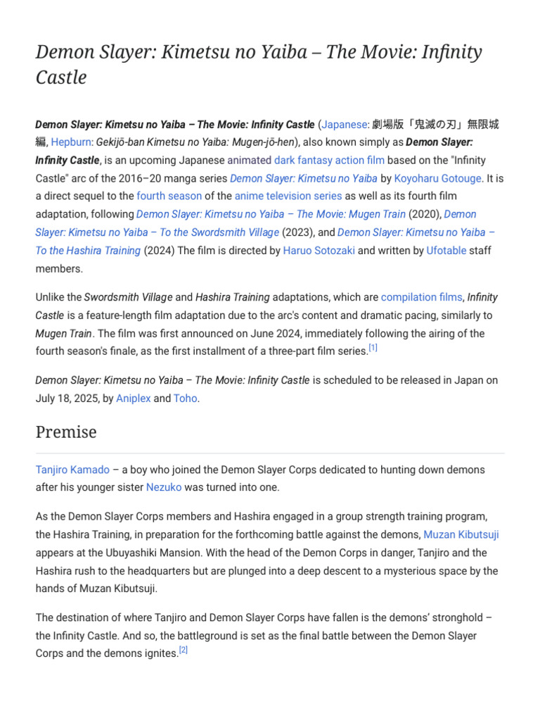 Demon Slayer - Kimetsu No Yaiba - The Movie - Infinity Castle - Wikipedia | PDF