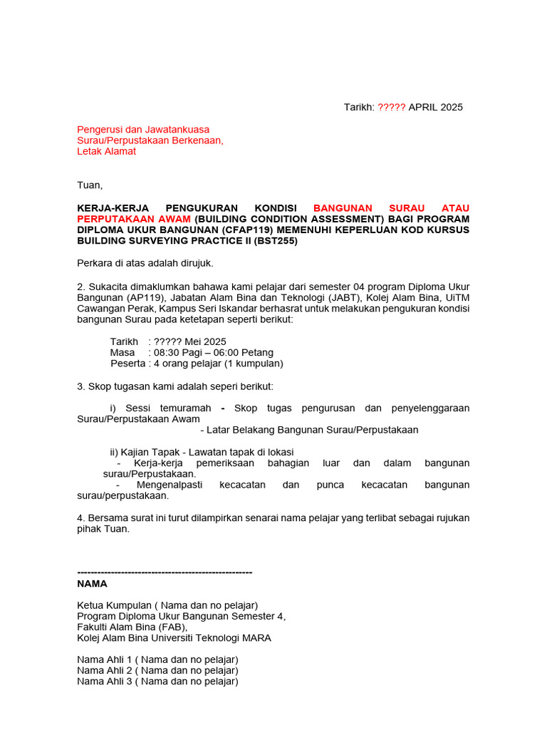 Surat Permohonan Pelajar Surau - bst255 | PDF