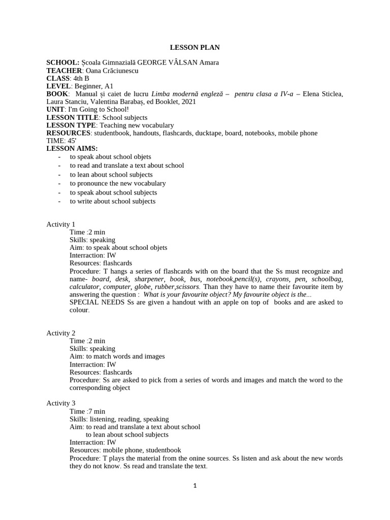 LESSON PLAN-school Subjects | PDF | Vocabulary | Linguistics