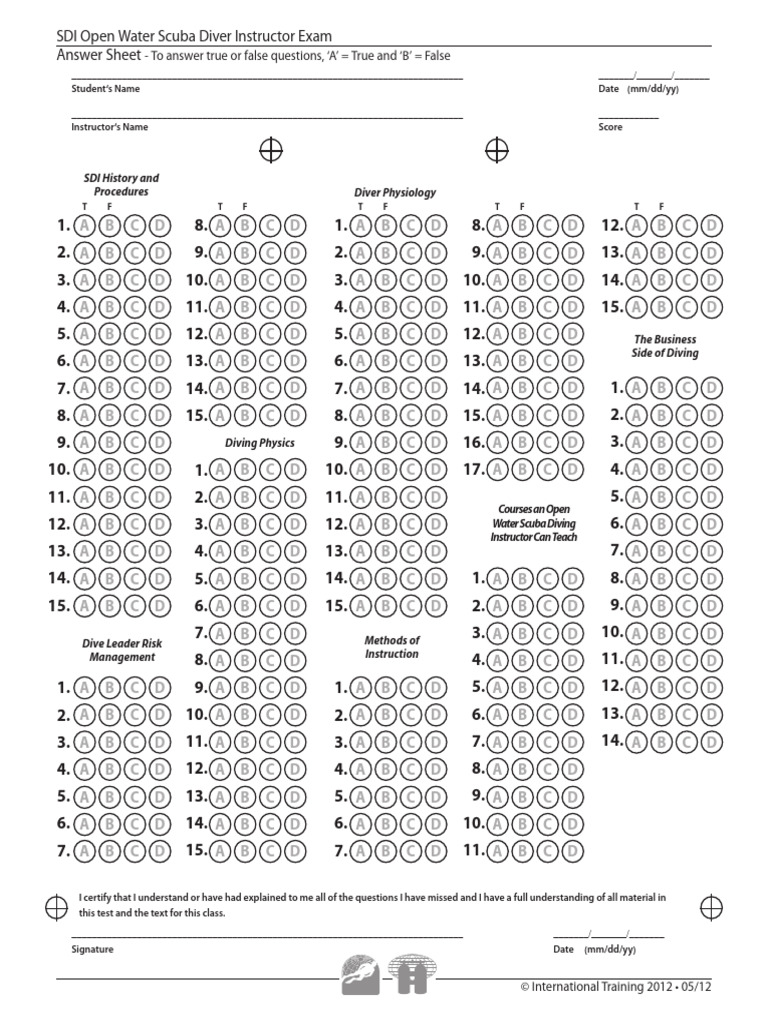 SDI Ow Instructor Answer Sheet 0512 | PDF | Underwater Diving ...