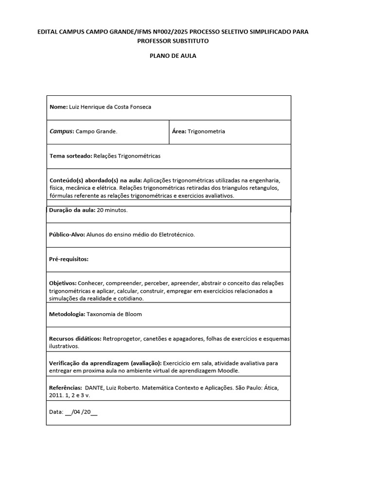 Plano de Aula - 002-2025 - Professor Substituto IFMS - Matemática | PDF