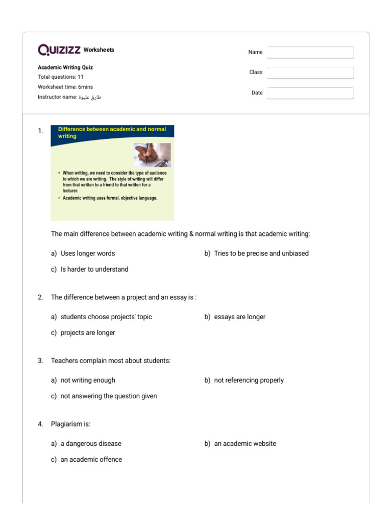 Academic Writing Quiz Worksheet | PDF