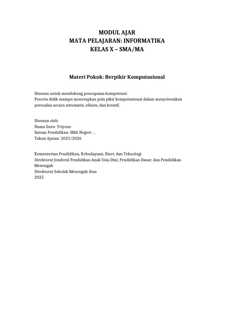 Sampul Modul Ajar Informatika Kelas X | PDF
