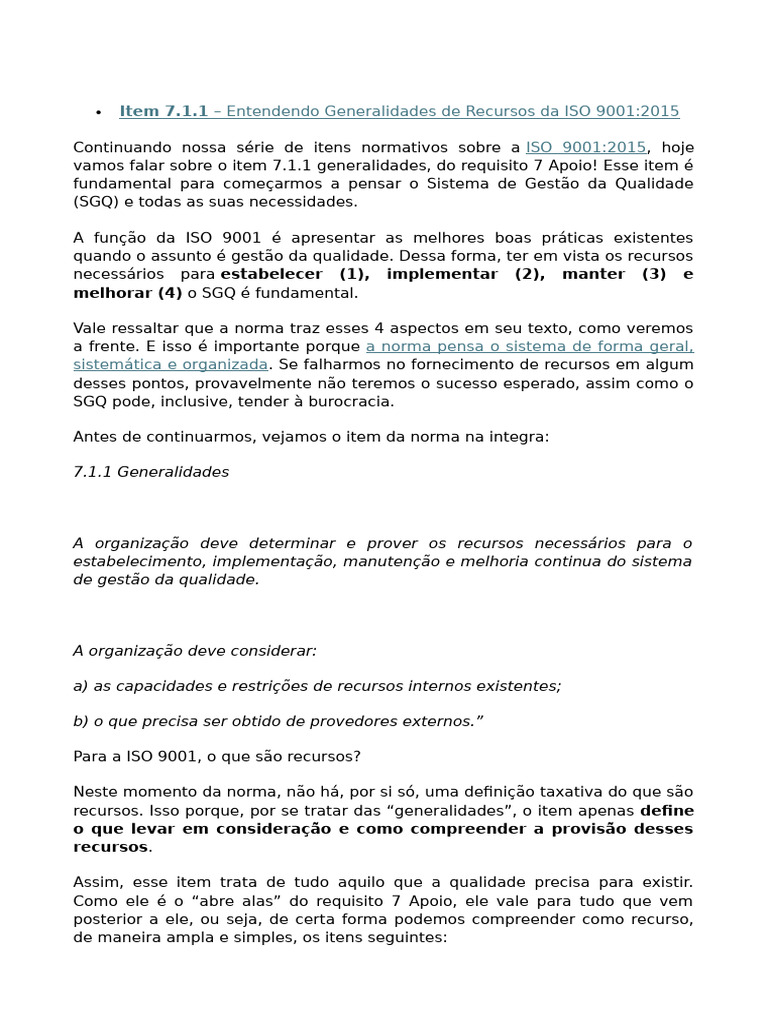 Entendendo o Item 7.1.1 Generalidades de Recursos Da ISO 90012015 | PDF ...