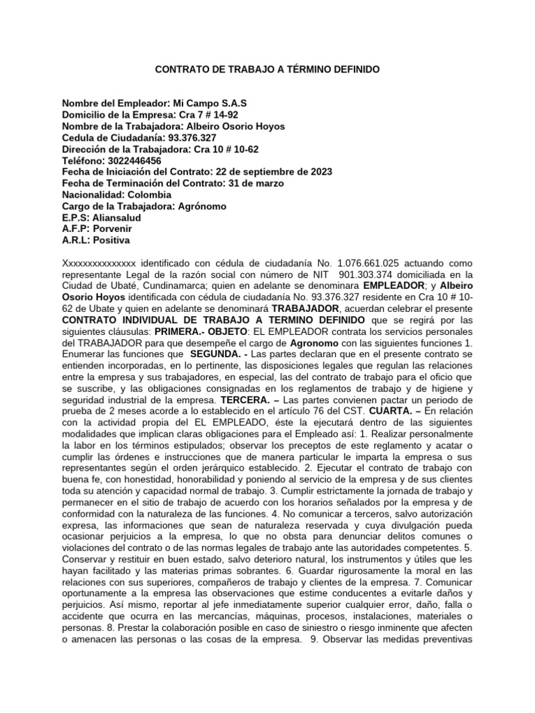 Contrato de Trabajo A Término Definido | PDF | Salario